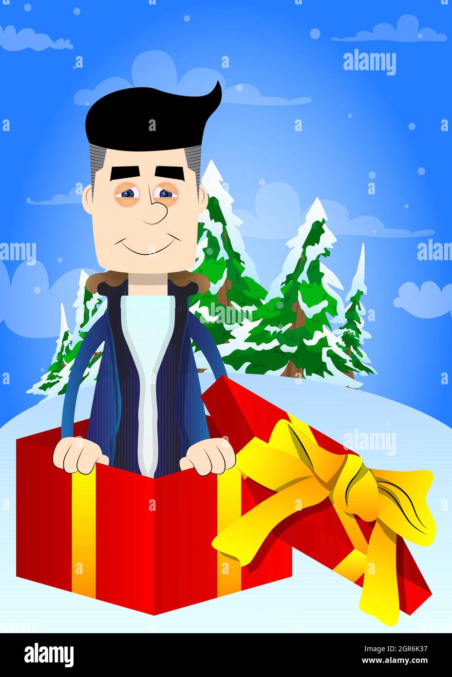 Funny cartoon man dressed for winter in a gift box. Vector illustration ...