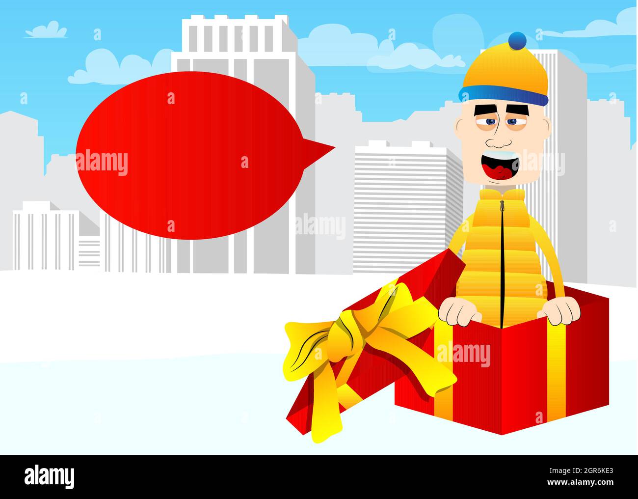 Funny cartoon man dressed for winter in a gift box. Vector illustration ...
