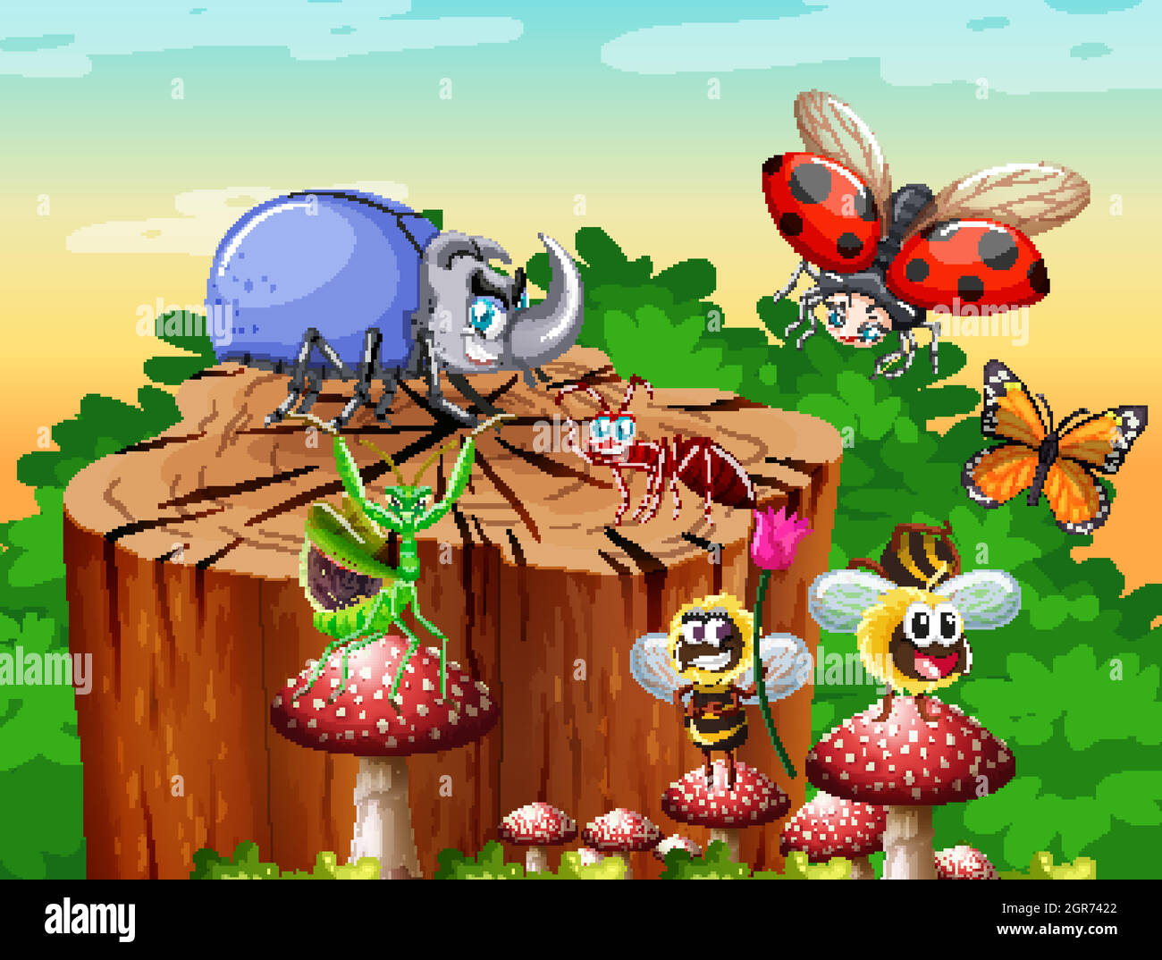 Different insects and beetles living in the garden scene at daytime ...