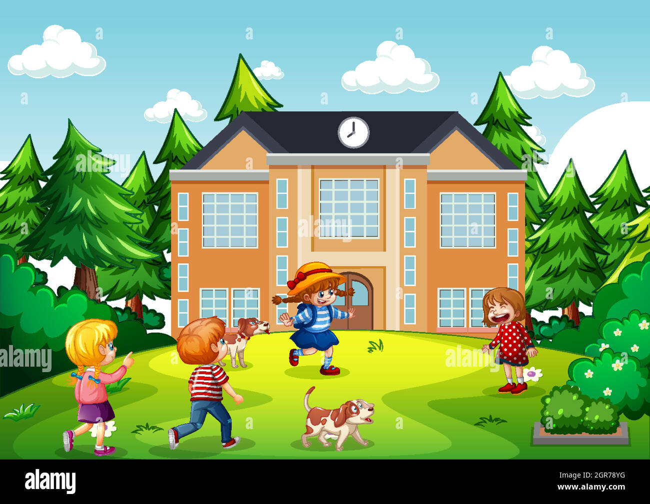 Outdoor scene with many children playing in front of school building ...