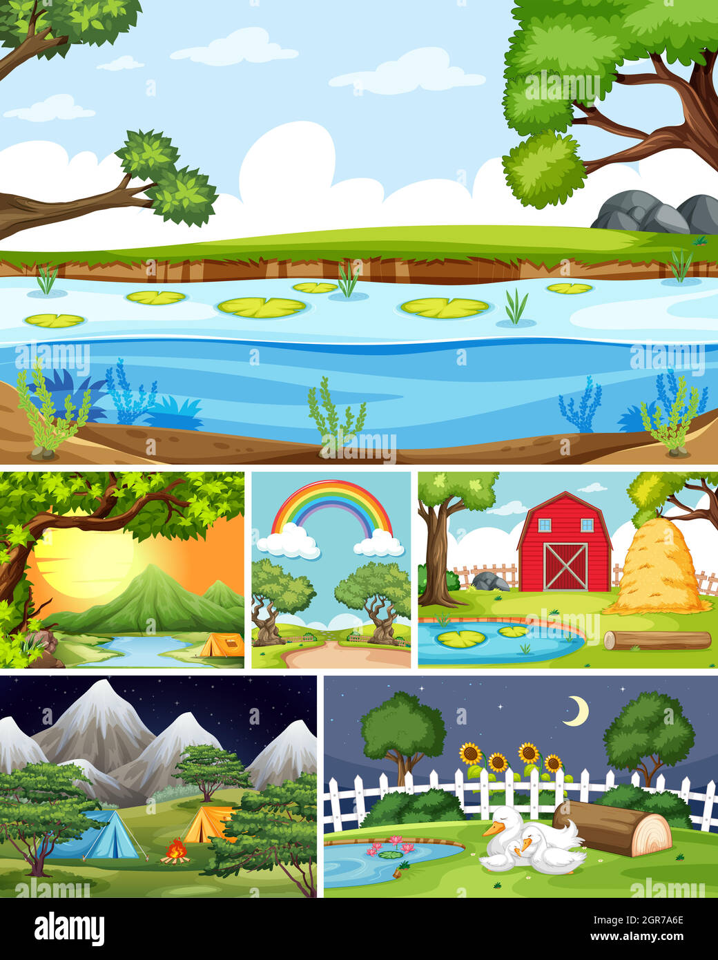 Six different scenes in nature setting cartoon style Stock Vector Image ...