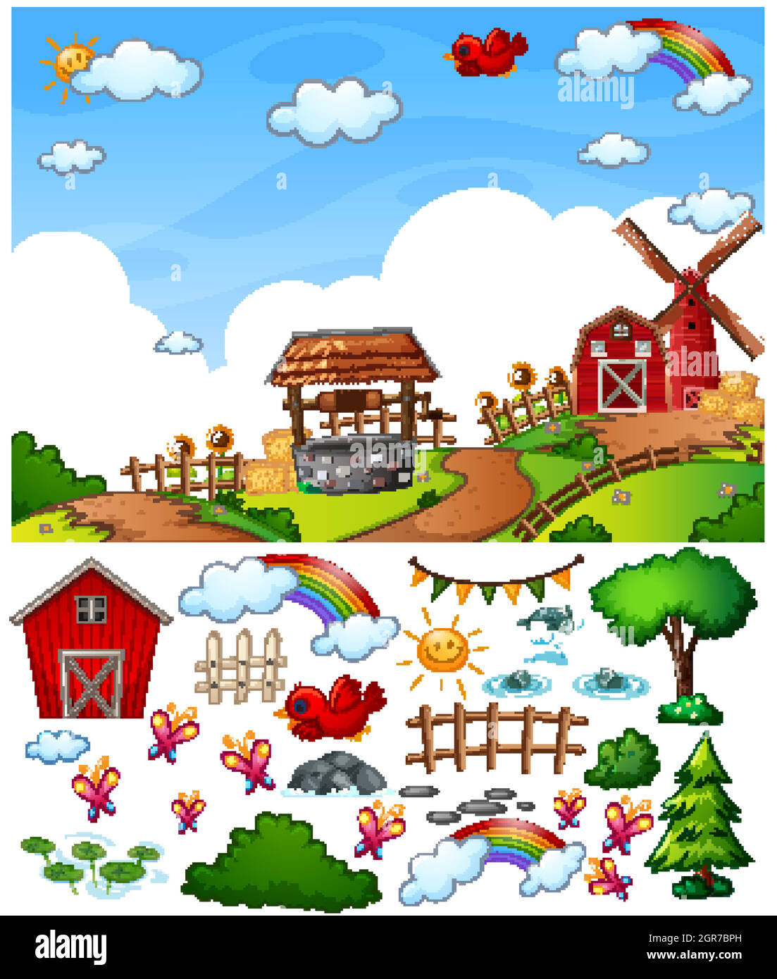 Farm scene with isolated cartoon character and objects Stock Vector ...