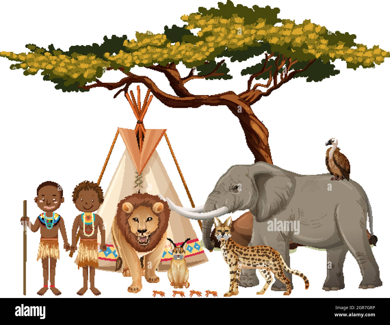 African tribe with group of wild african animal on white background ...