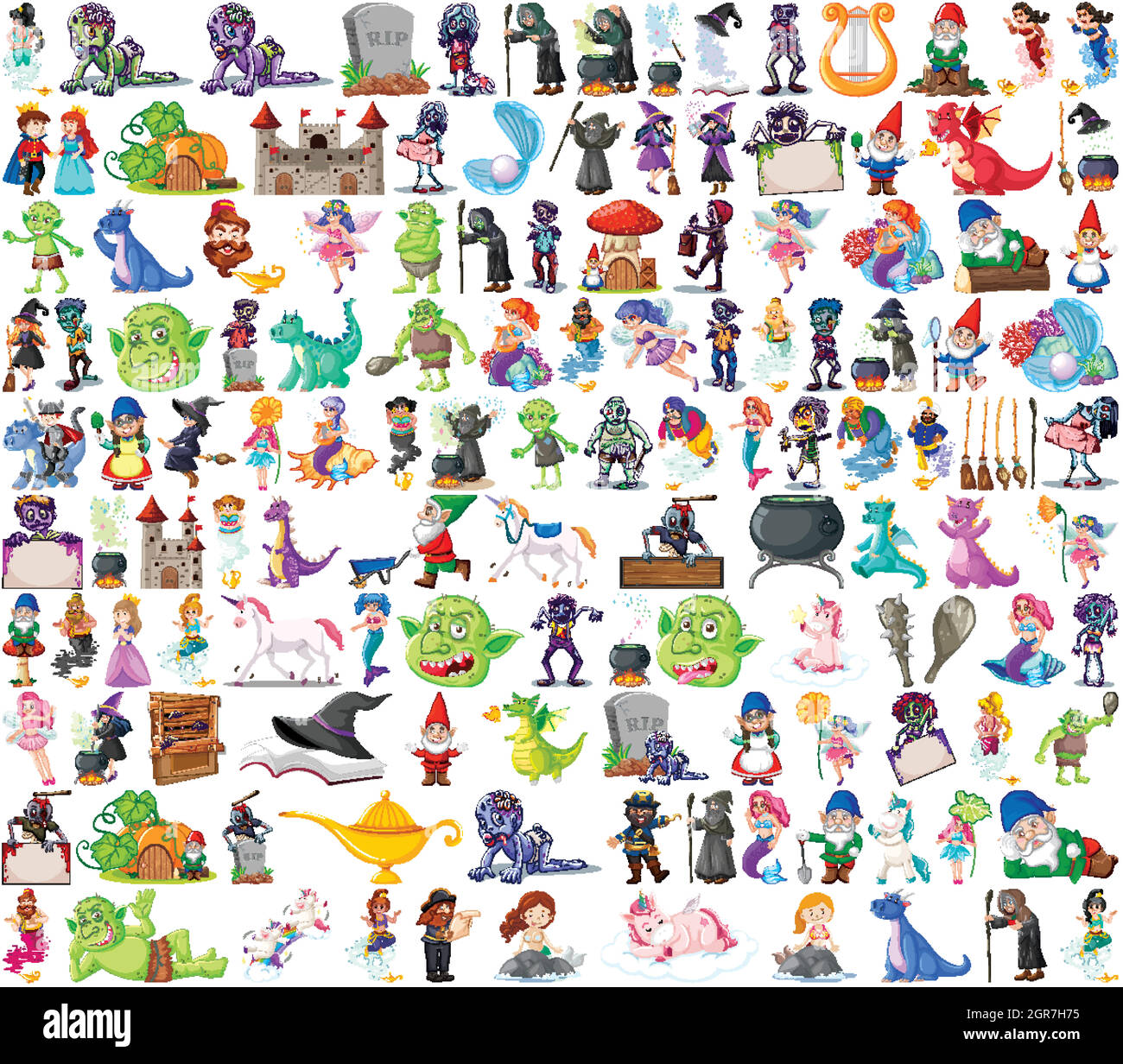 Set of fantasy cartoon characters and fantasy theme isolated on white ...