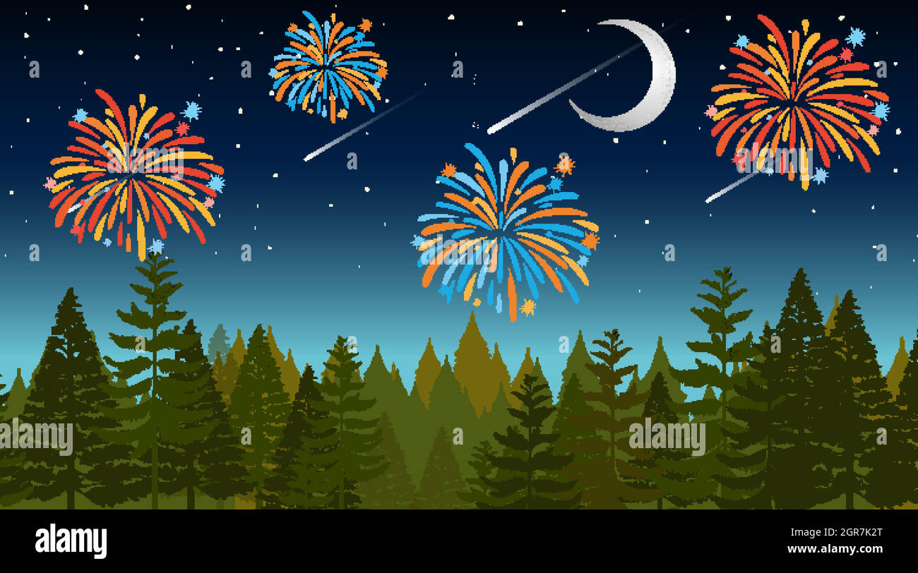 Forest with celebration fireworks scene Stock Vector Image & Art - Alamy