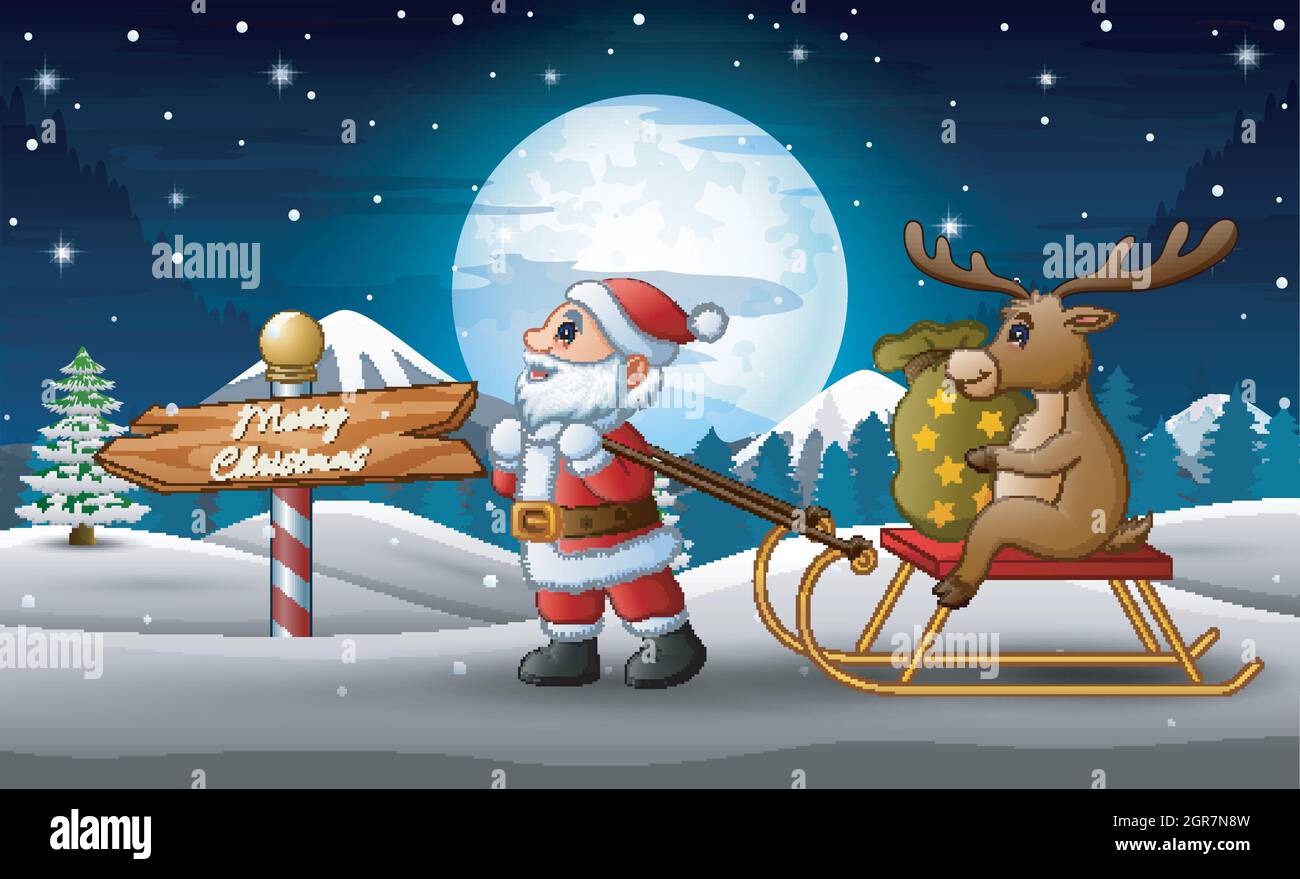 Cartoon funny santa claus pulling a sleigh with a deer with sack of presents Stock Vector Image ...