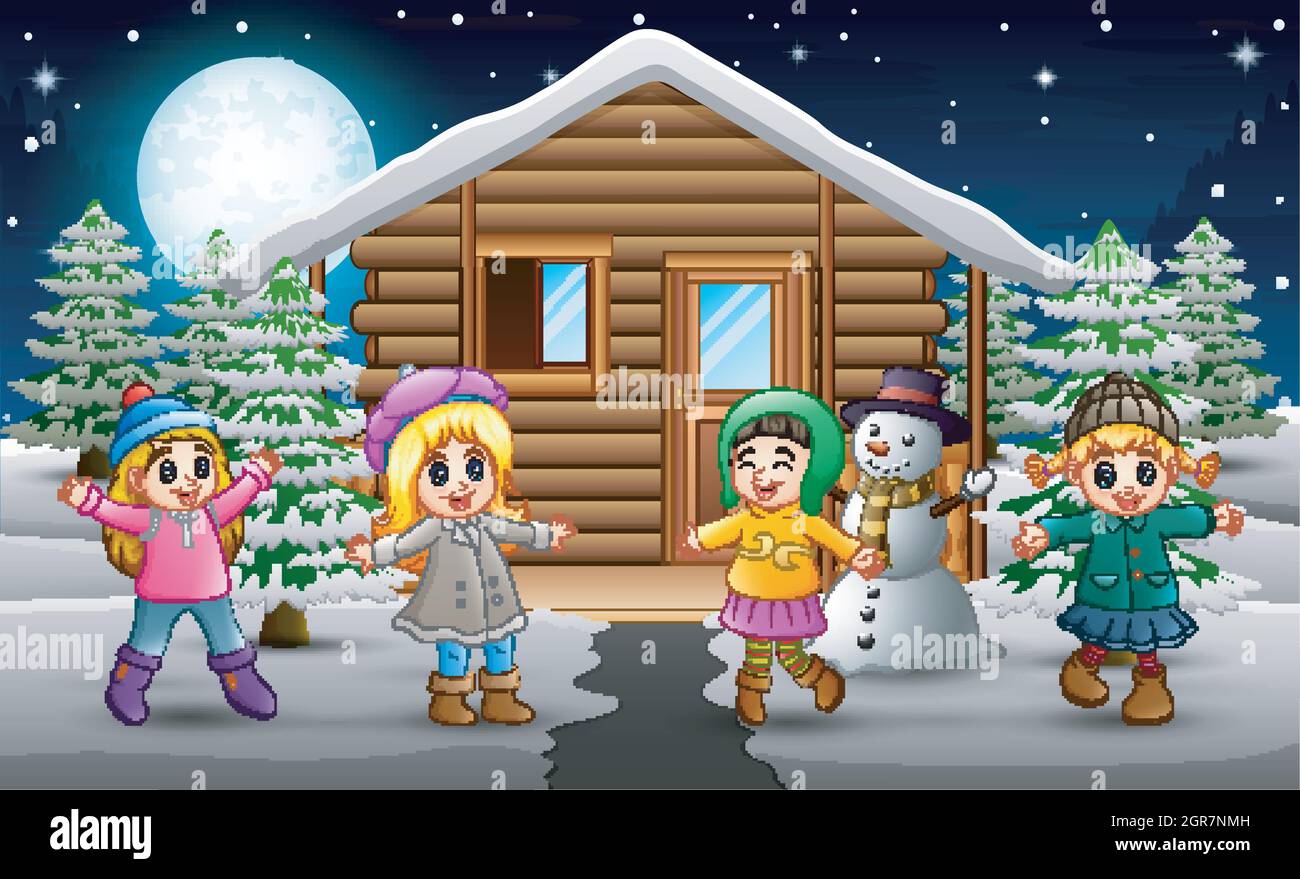 Cartoon of Happy kids wearing a winter clothes in front of the snowing ...