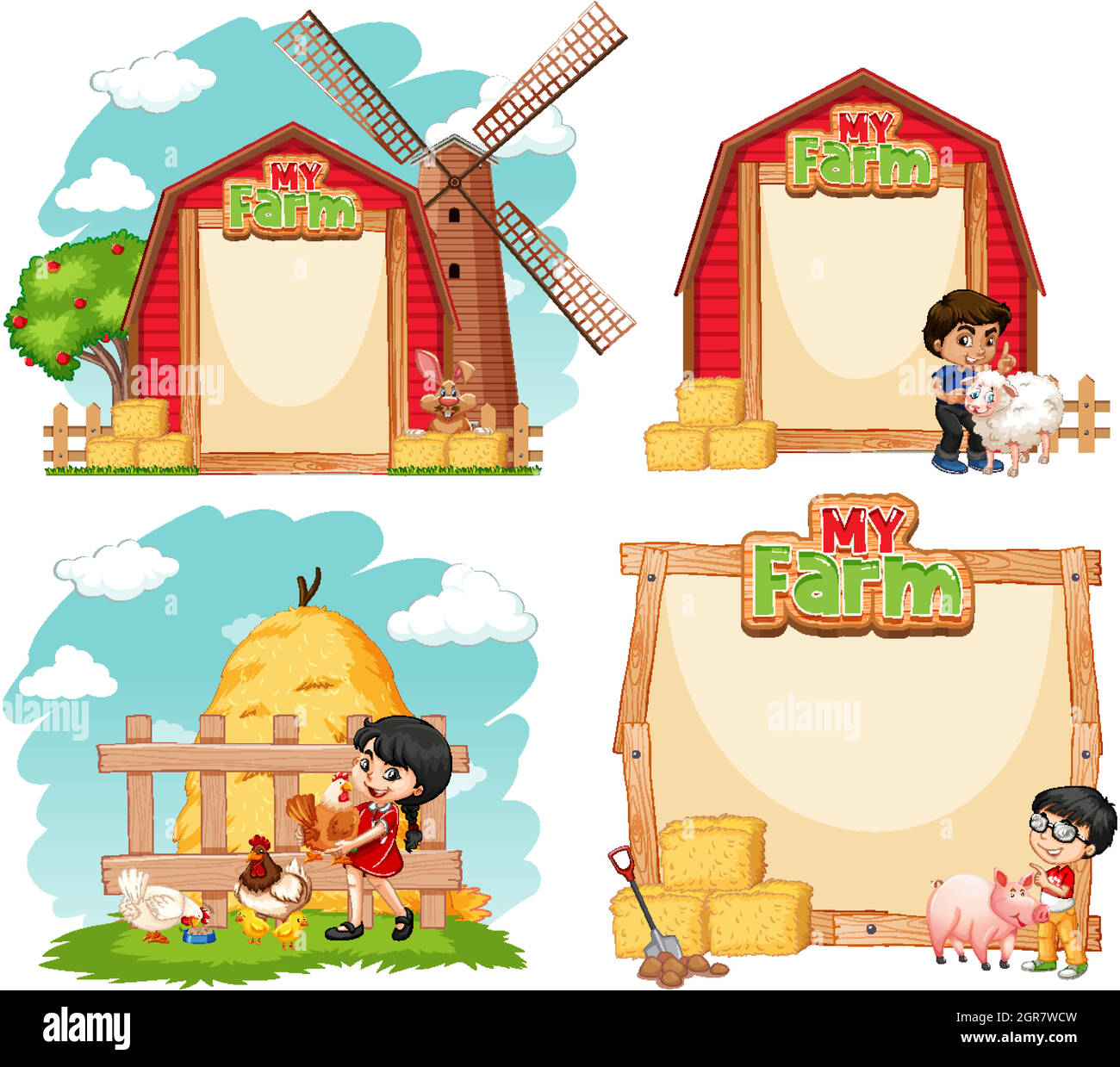 Border template design with children and farm animals Stock Vector ...