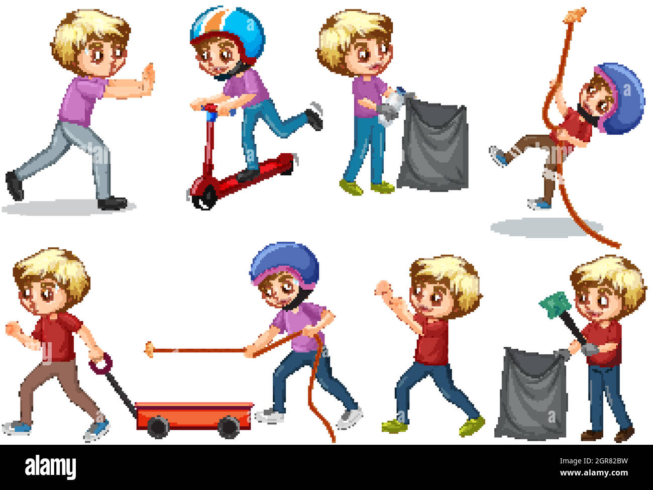 Boy doing different activities on white background Stock Vector Image ...