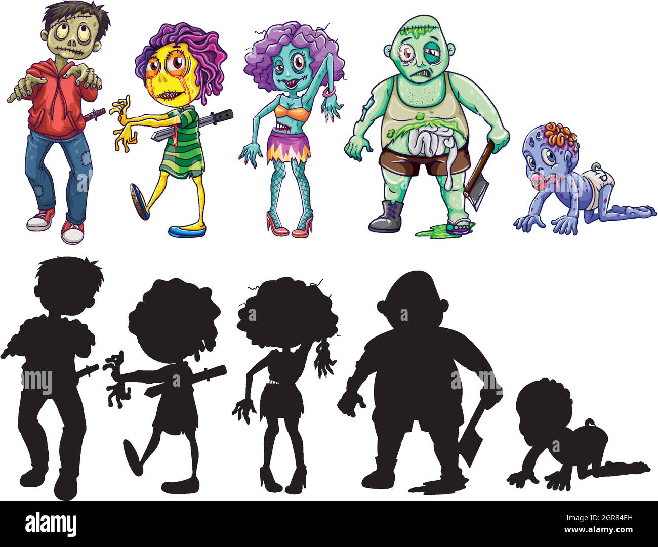 Different character of zombies in color and silhouette cartoon style ...
