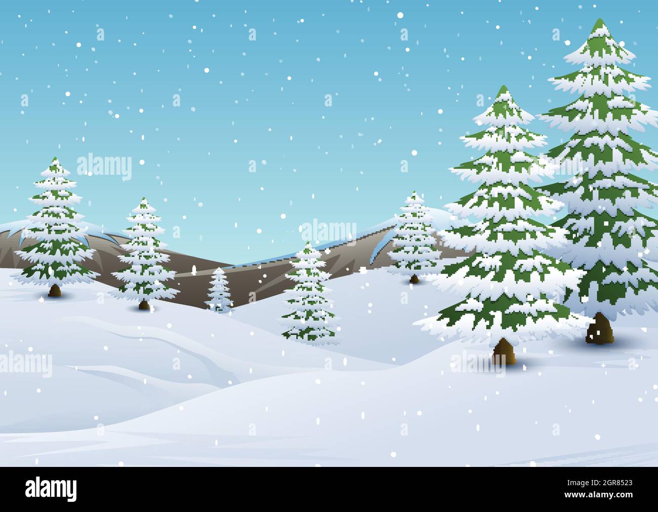 Winter mountains landscape with fir trees and falling snow Stock Vector ...