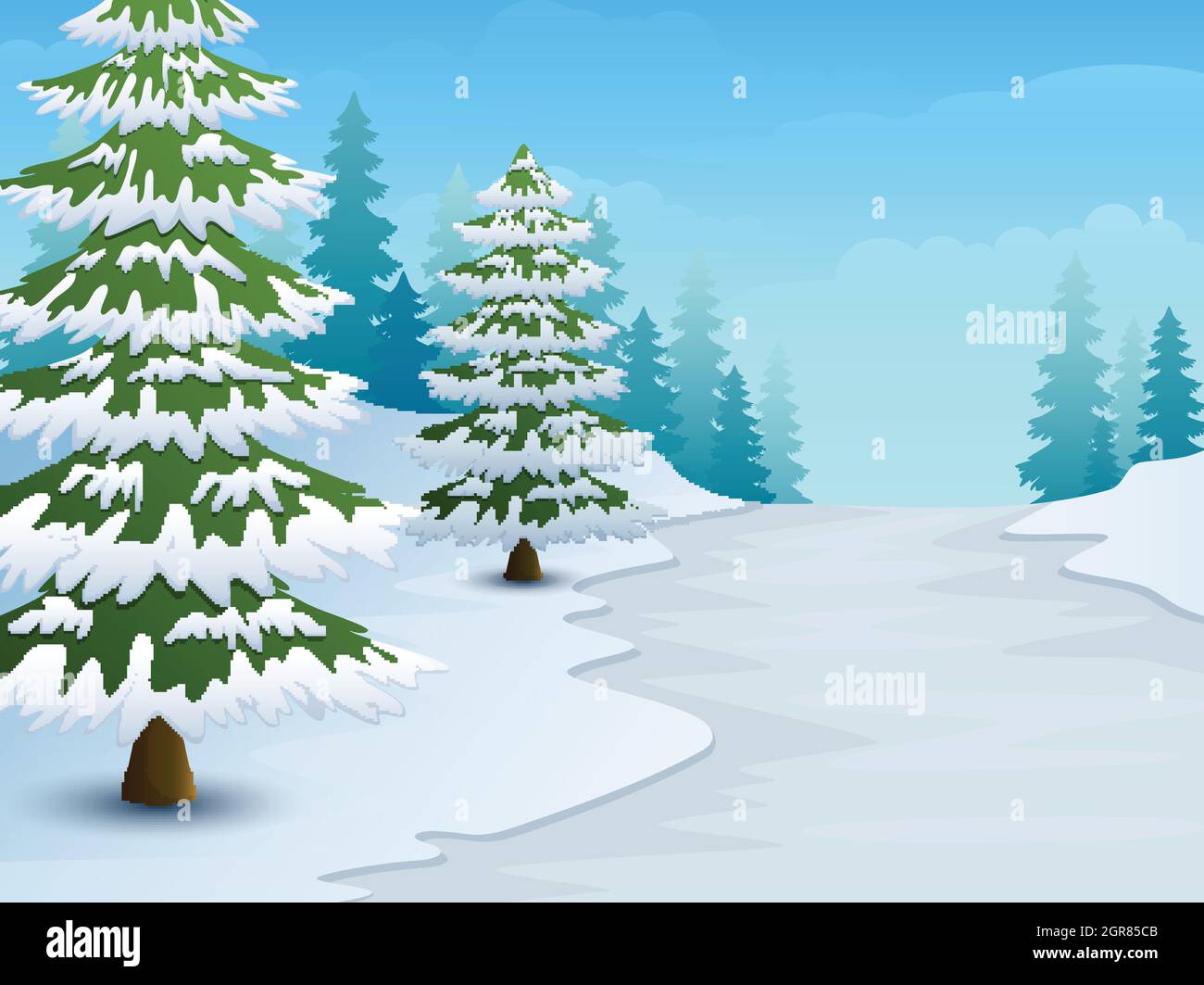 Cartoon of Winter landscape with snowy ground and fir trees Stock ...
