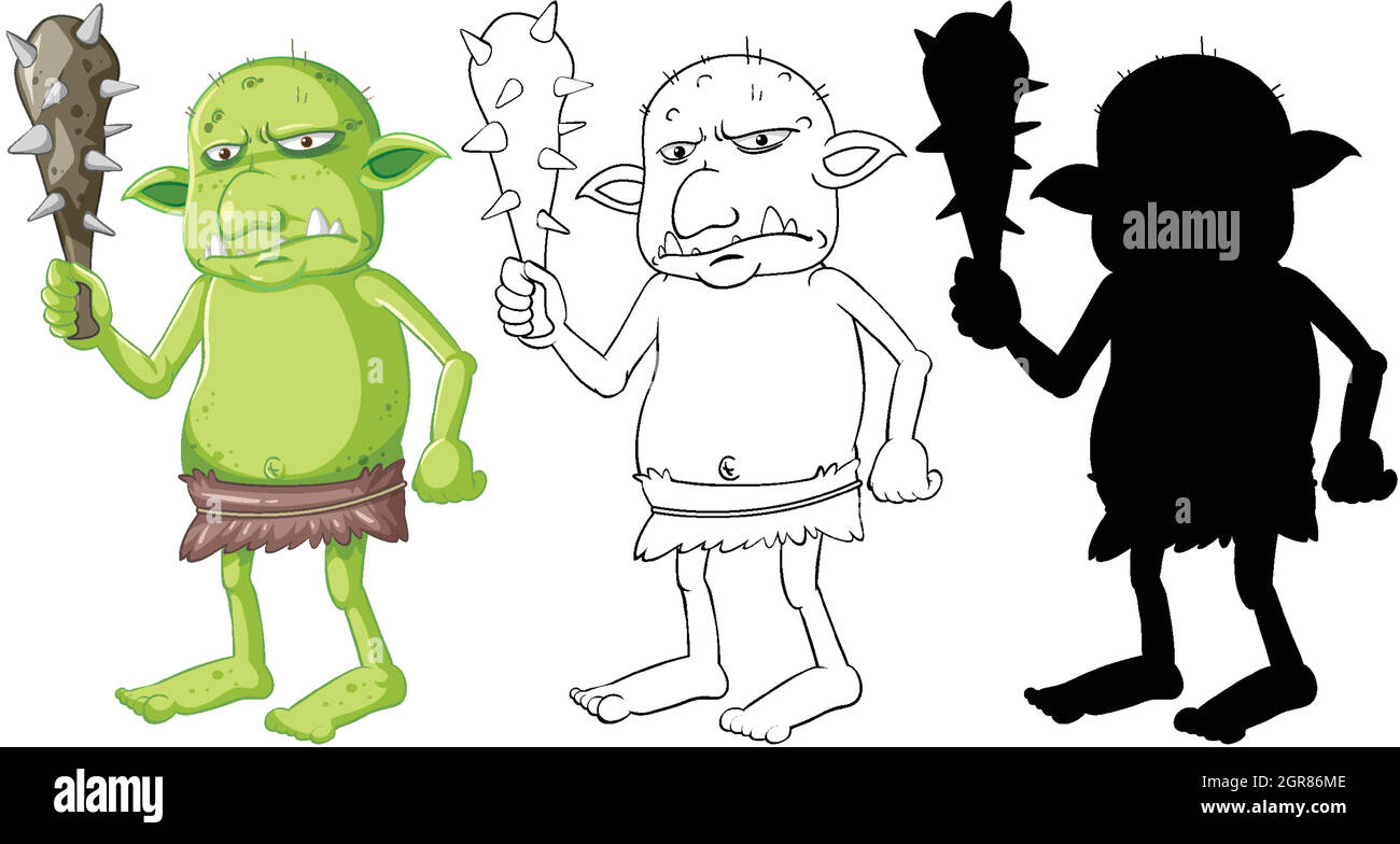Goblin or troll holding hunting tool in color and outline and ...