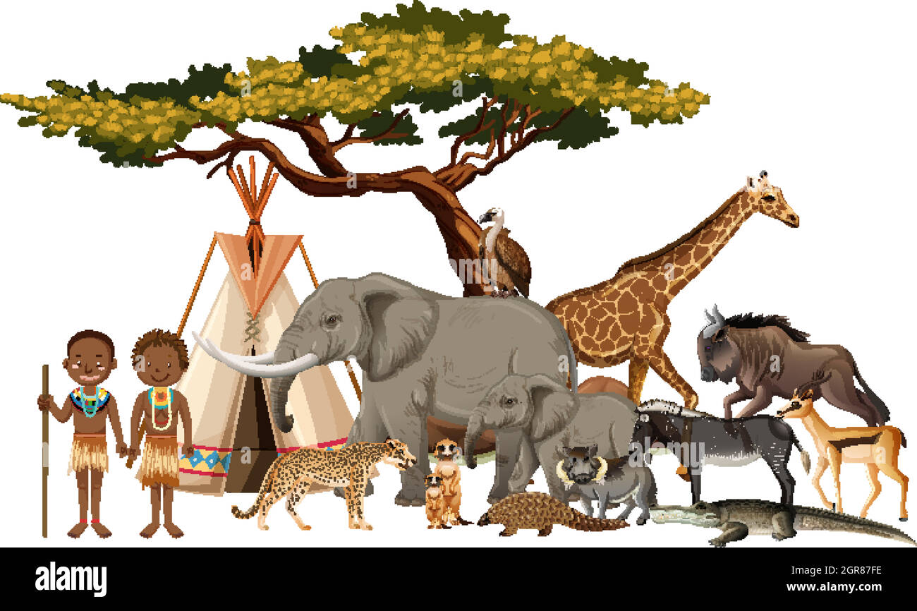 African tribe with group of wild african animal on white background ...