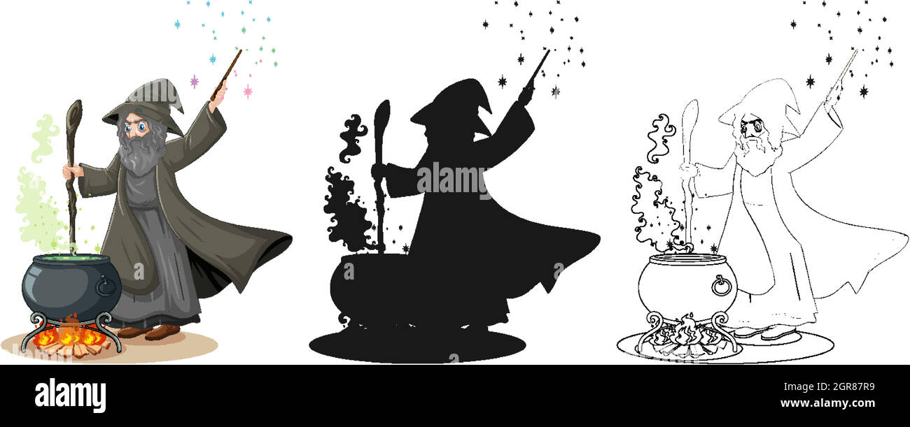 Wizard in color and outline and silhouette cartoon character isolated ...