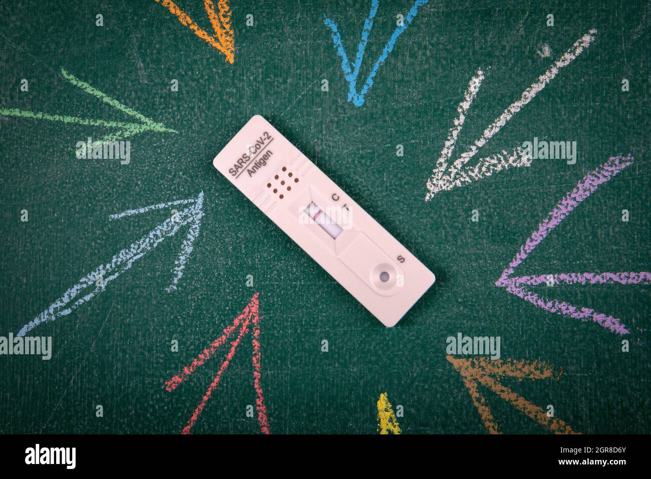 Negative Covid-19 antigen test. Colored arrows on a green chalk board ...