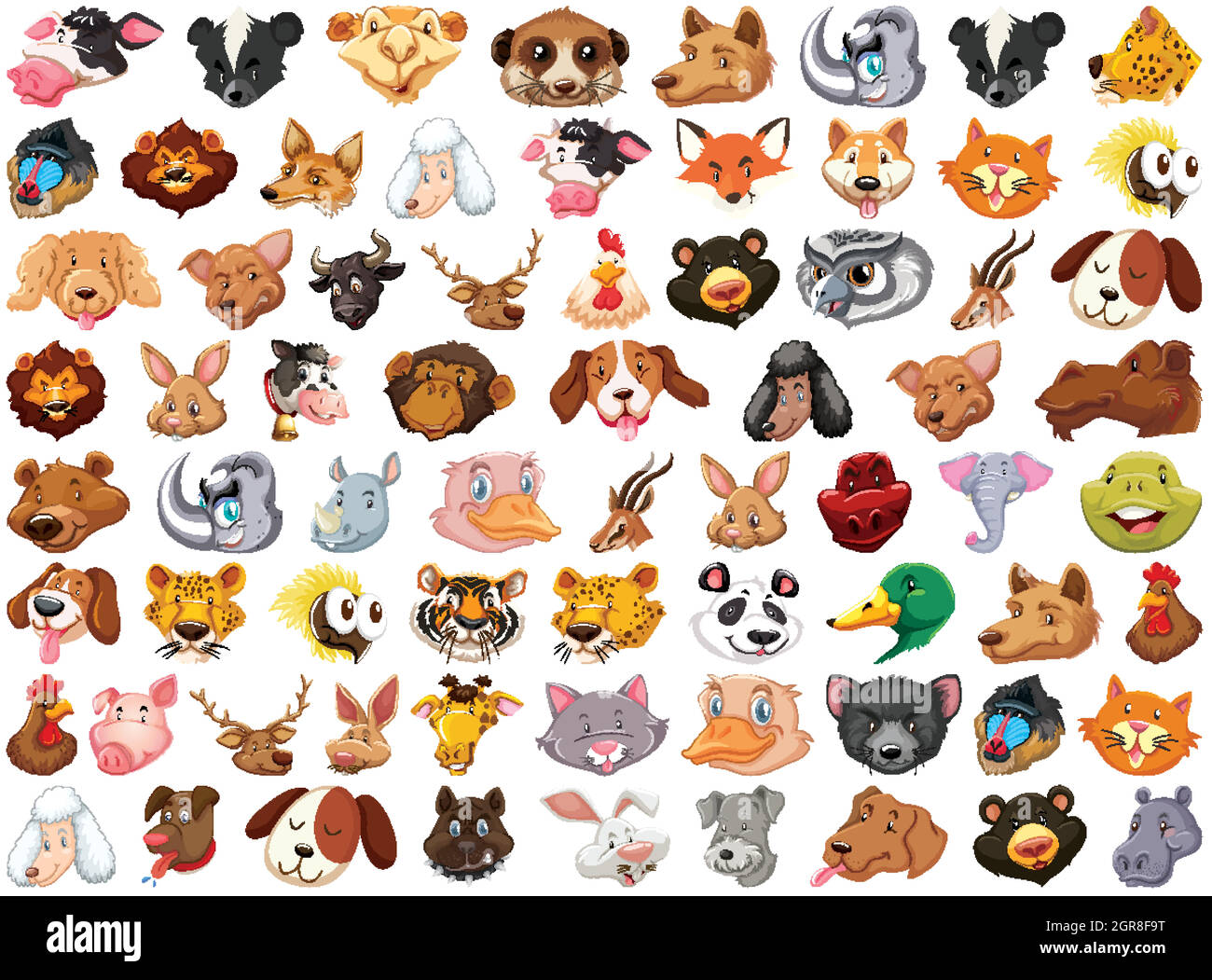 Set of different cute cartoon animals head huge isolated on white ...