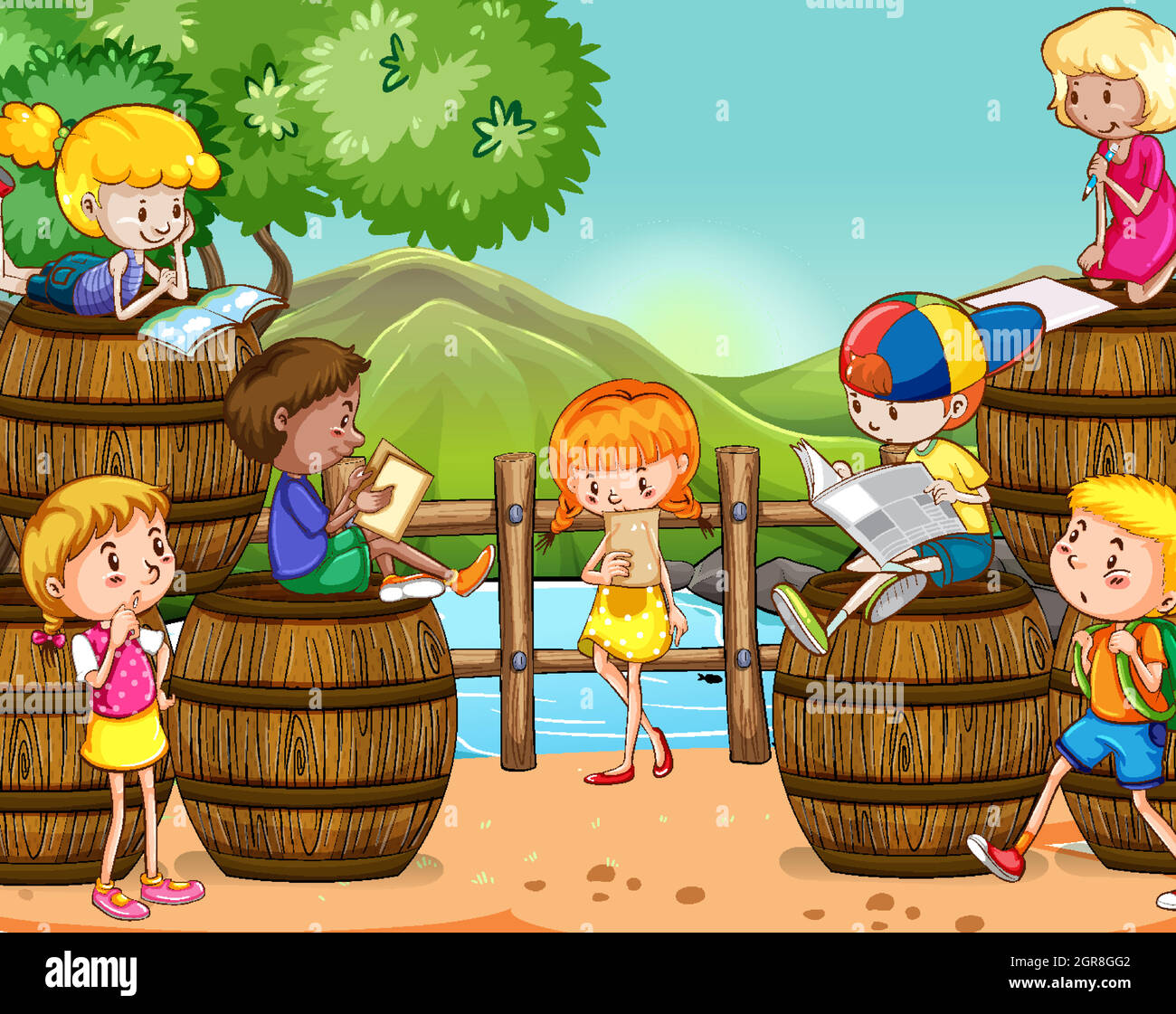 Scene with many children reading books in the park Stock Vector Image ...