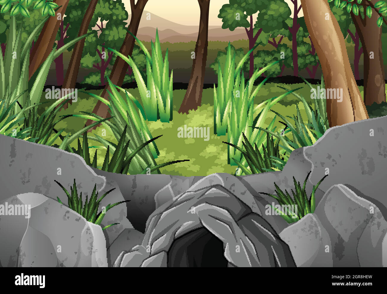 Forest scene with trees around cave Stock Vector Image & Art - Alamy