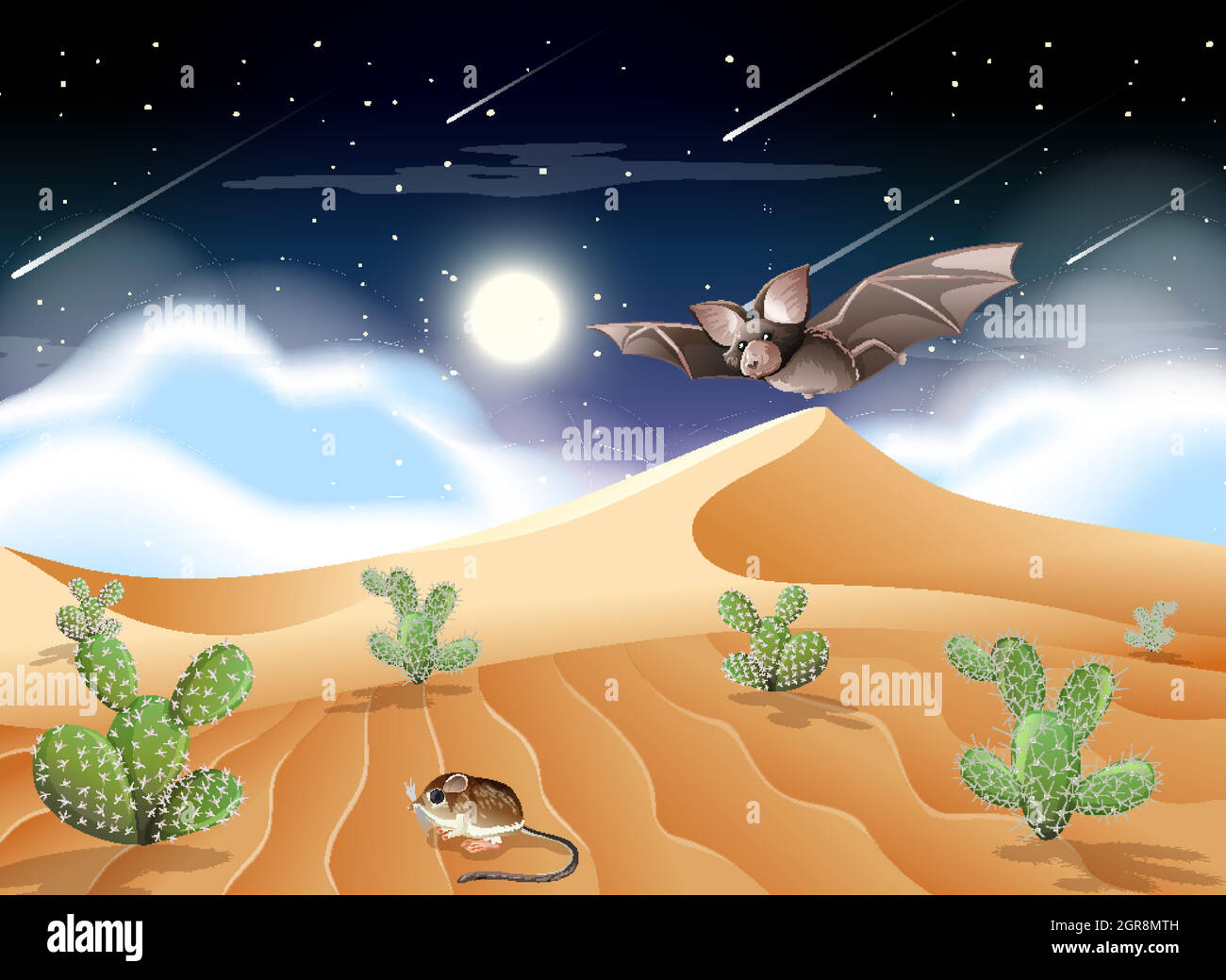 Desert with sand mountains and cactus landscape at night scene Stock ...