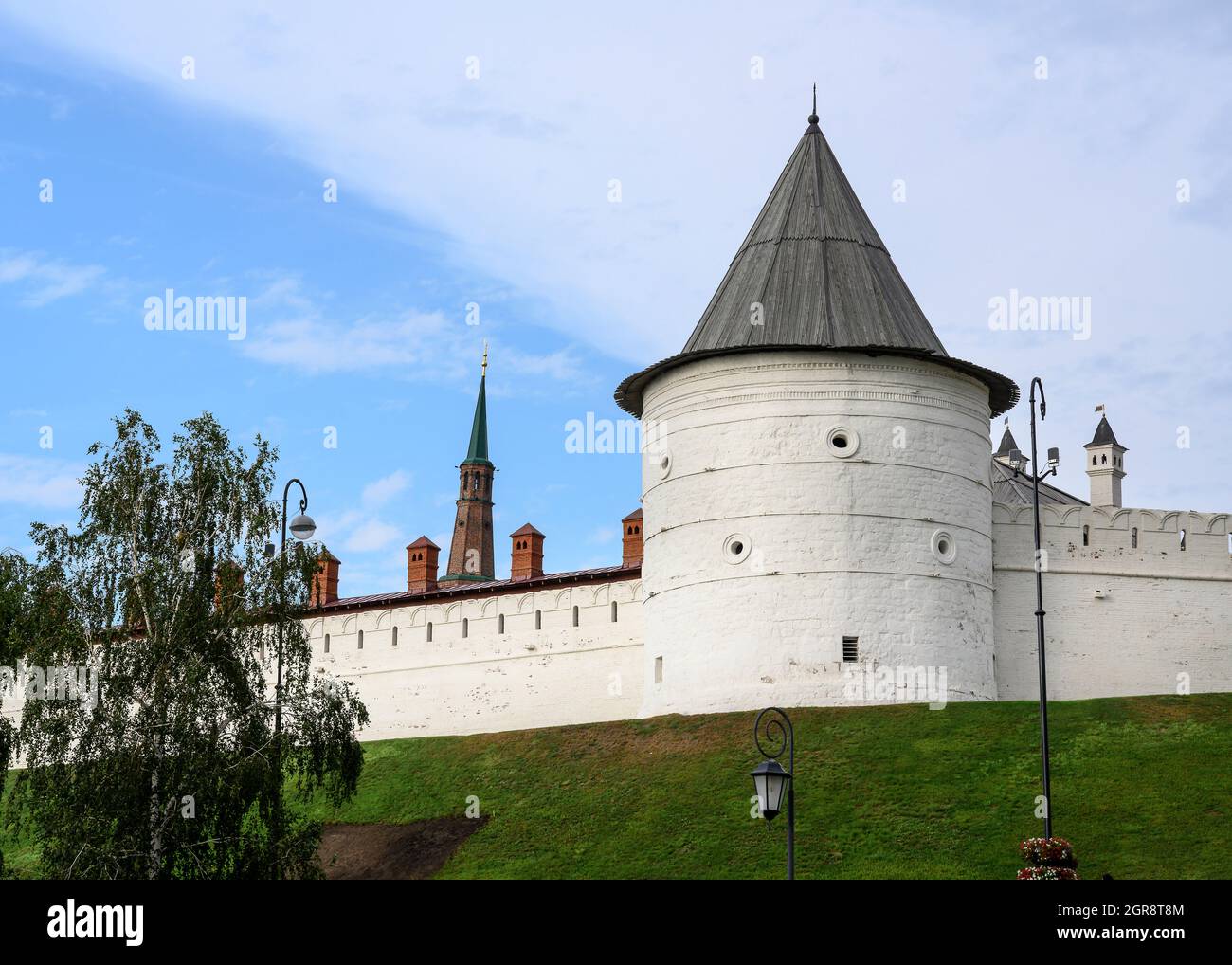 View of the white round watchtower of the Kazan Kremlin built in the ...