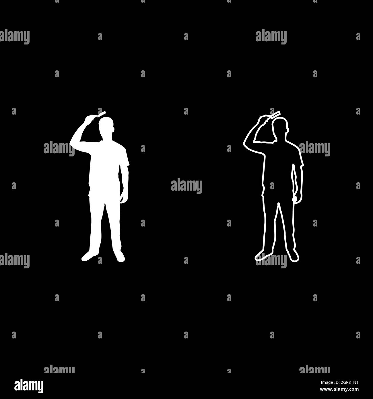 Man is combing hair use hairbrush Front view silhouette white color ...