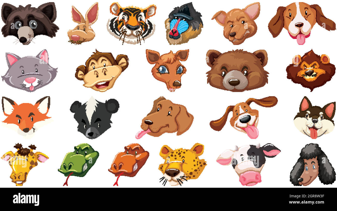Set of different cute cartoon animals head huge isolated on white ...