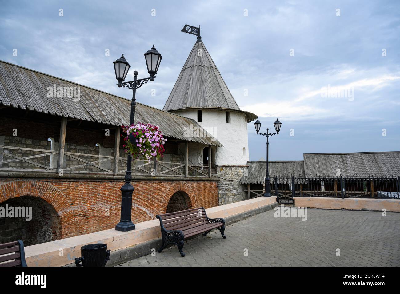 View of the white round watchtower of the Kazan Kremlin built in the ...