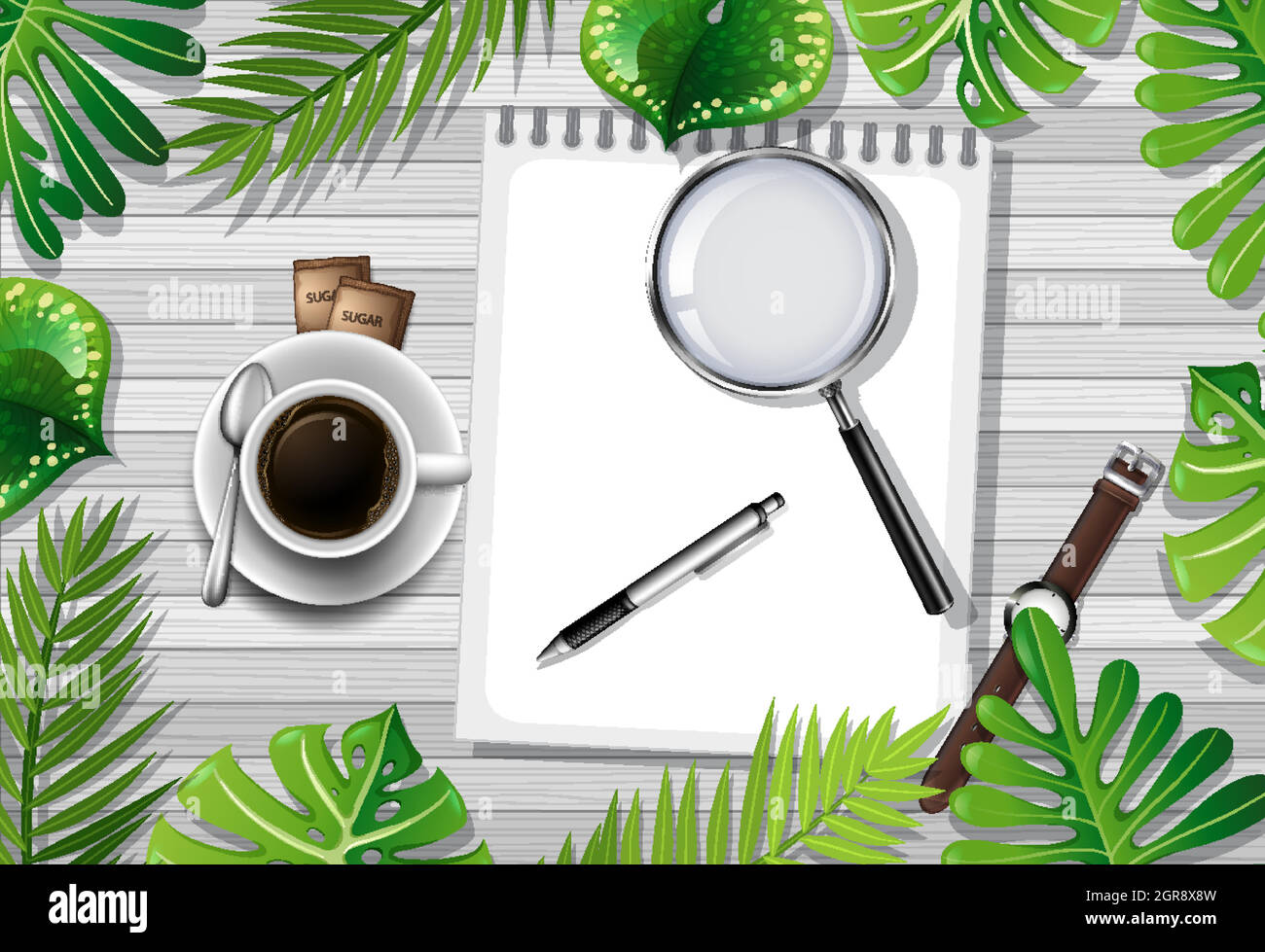 Top view of wooden table with office objects and leaves element Stock ...