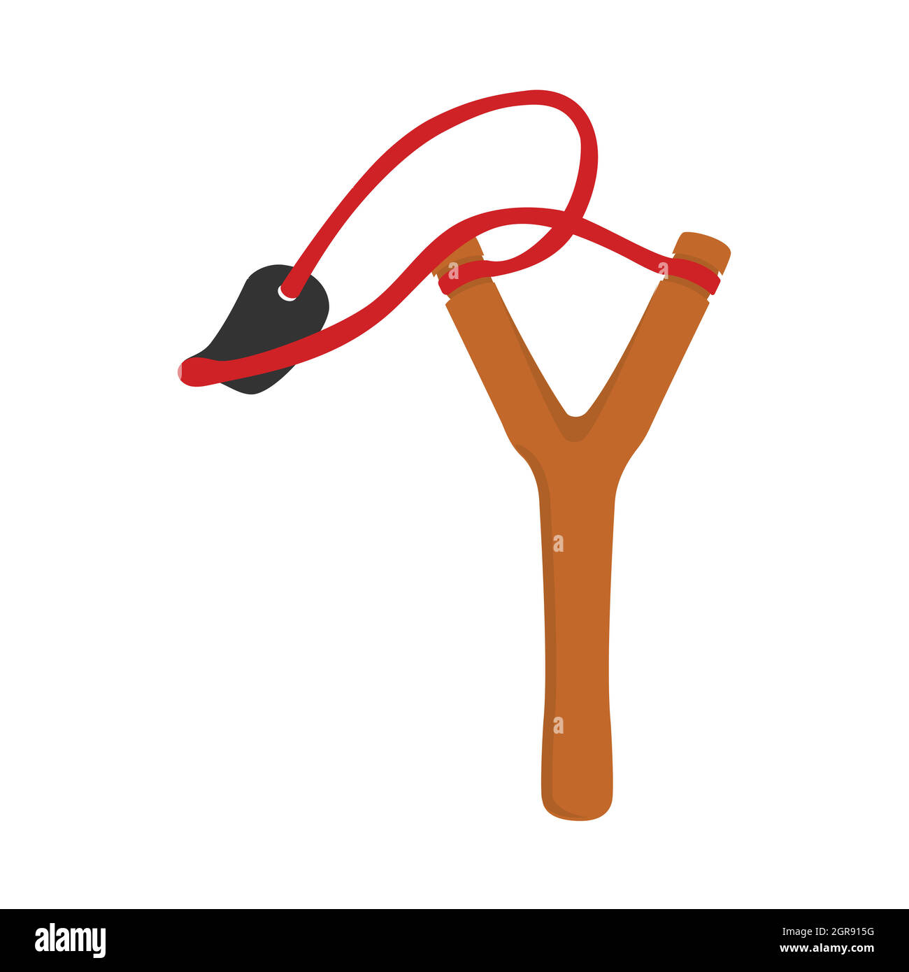 Wooden slingshot with flying stone isolated on background. Homemade ...