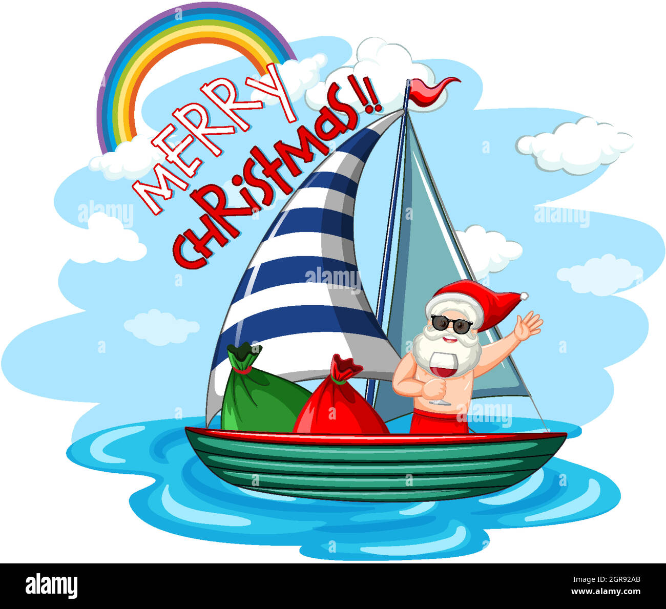 Santa Claus holding wine glass cartoon character standing on the boat ...