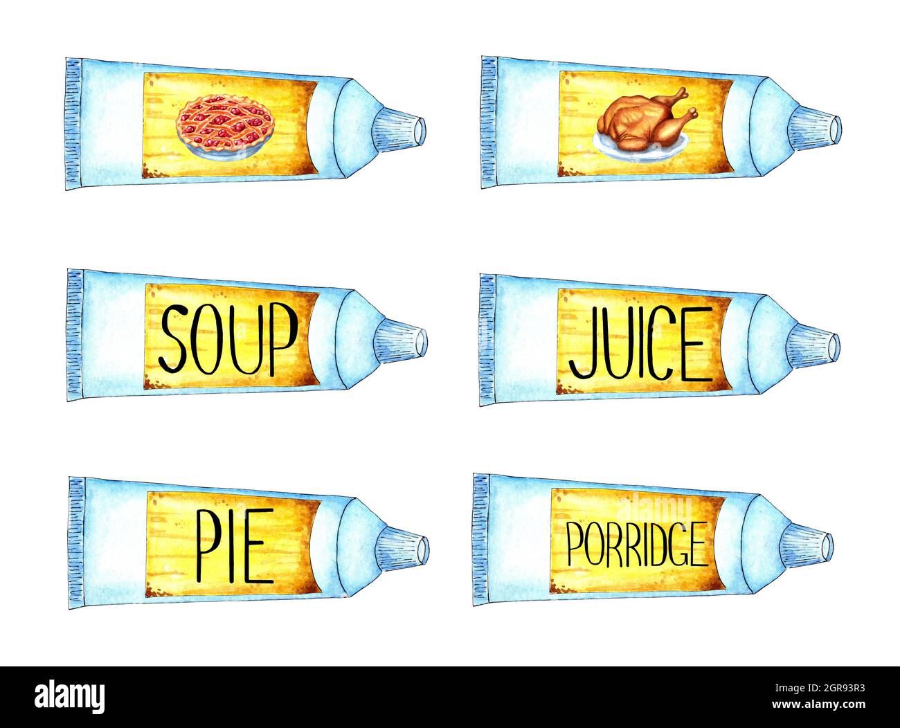 Set of watercolor illustrations of food for astronauts in tubes. A ...