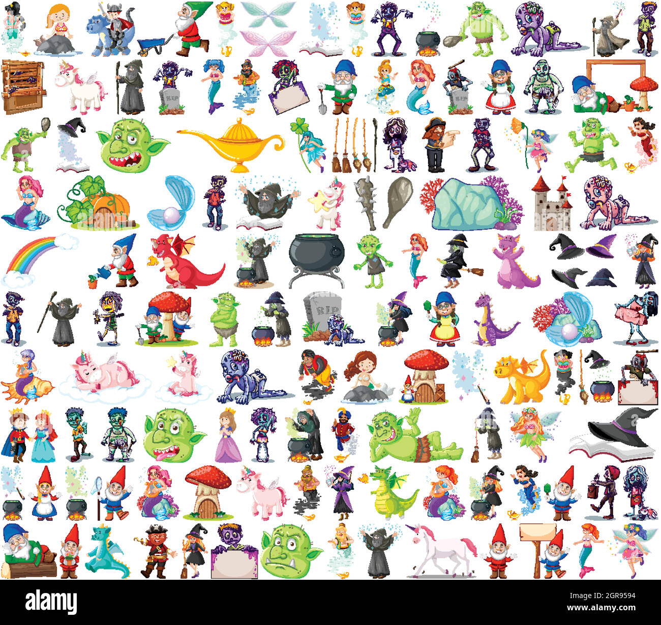Set of fantasy cartoon characters and fantasy theme isolated on white ...