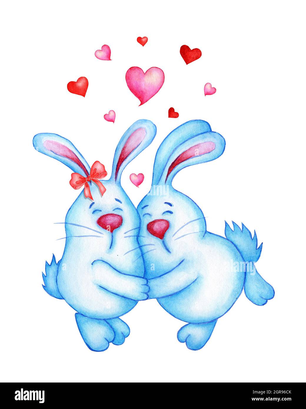 Watercolor illustration two cute blue rabbits are in love with each ...