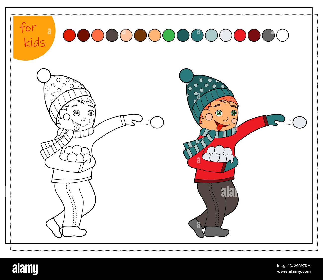 coloring book for kids by colors, cute cartoon child playing snowballs ...