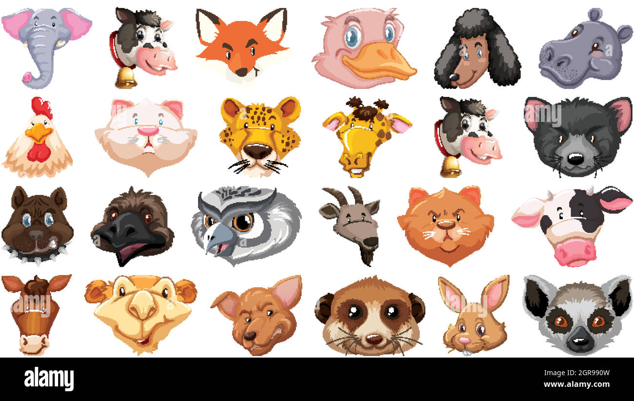 Set of different cute cartoon animals head huge isolated on white ...