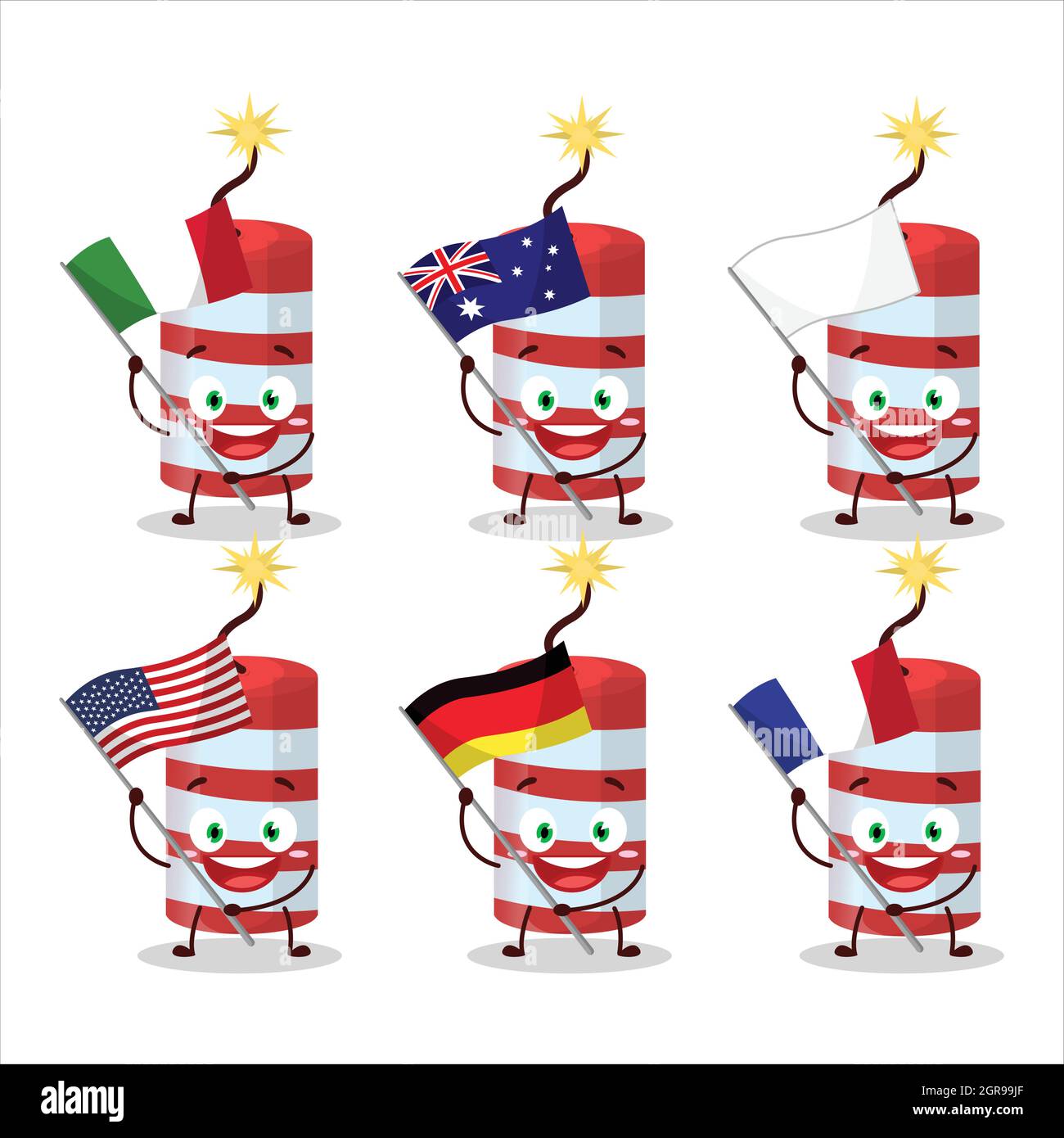 Red Firecracker Cartoon Character Bring The Flags Of Various Countries