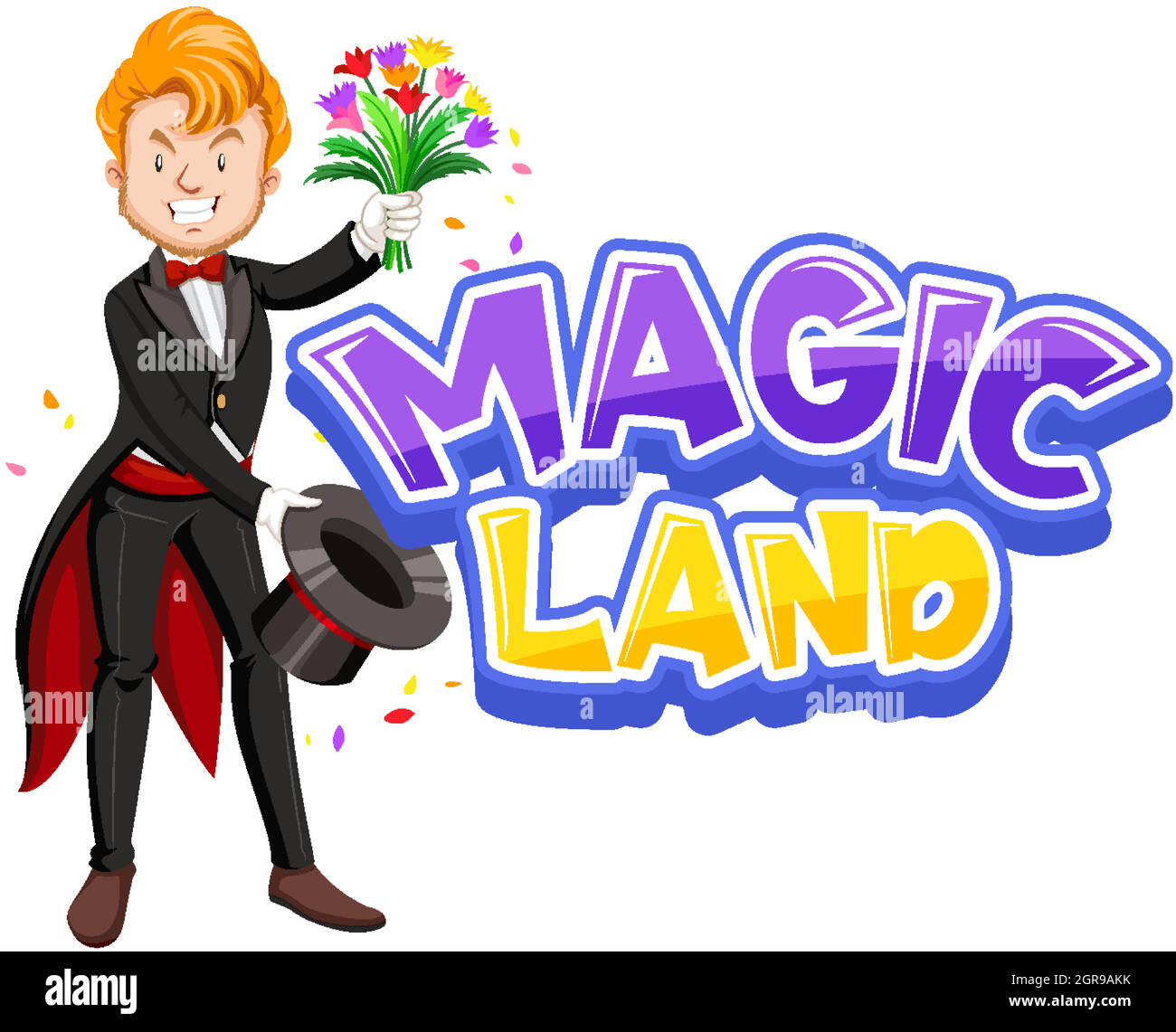 Font design for word magic land with happy magician and flowers Stock ...