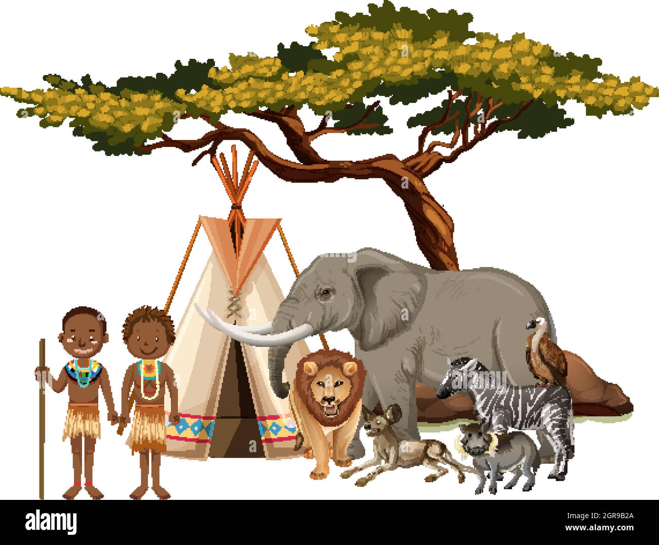 African tribe with group of wild african animal on white background ...