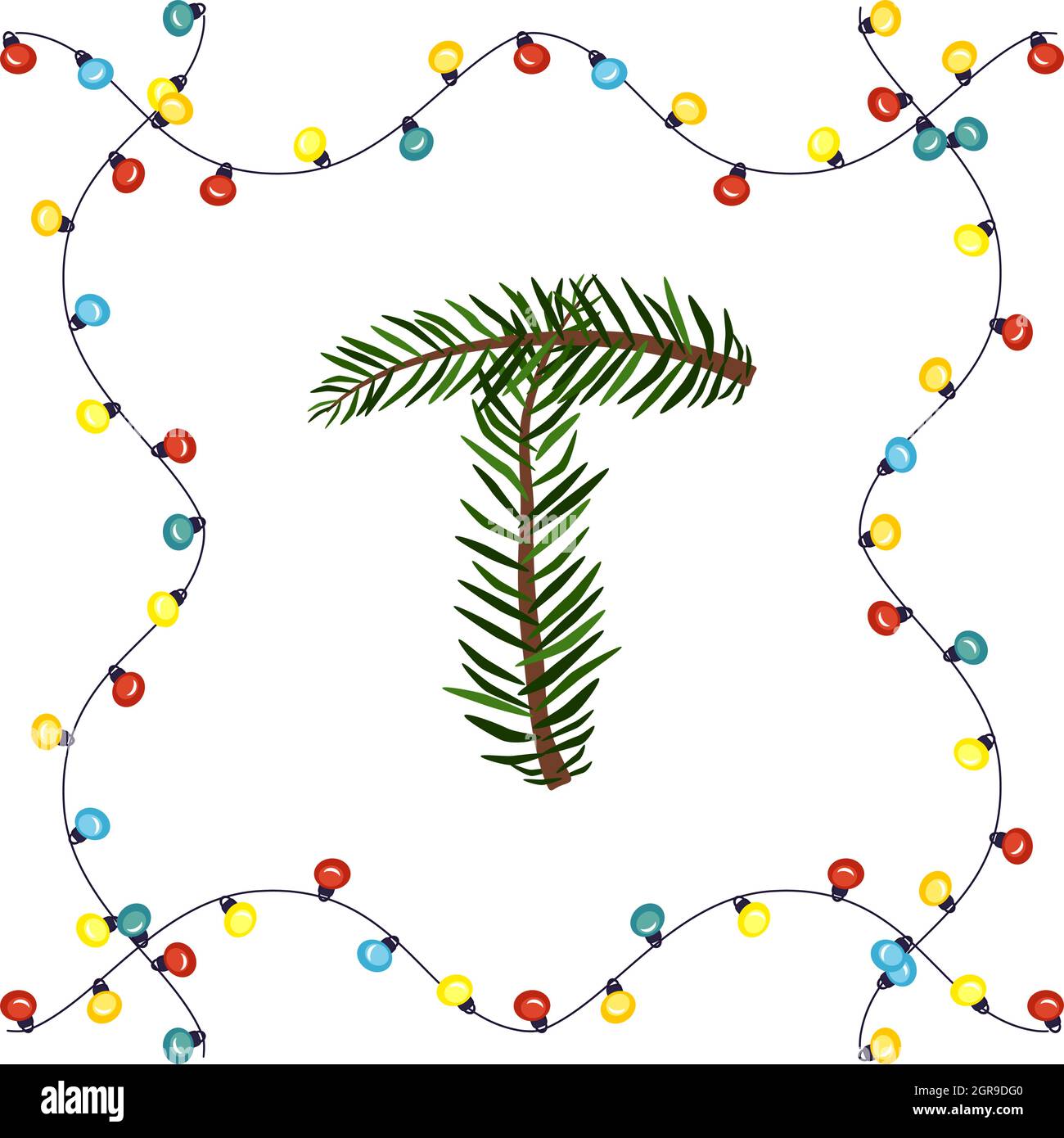 Letter T from green Christmas tree branches. Festive font and frame ...