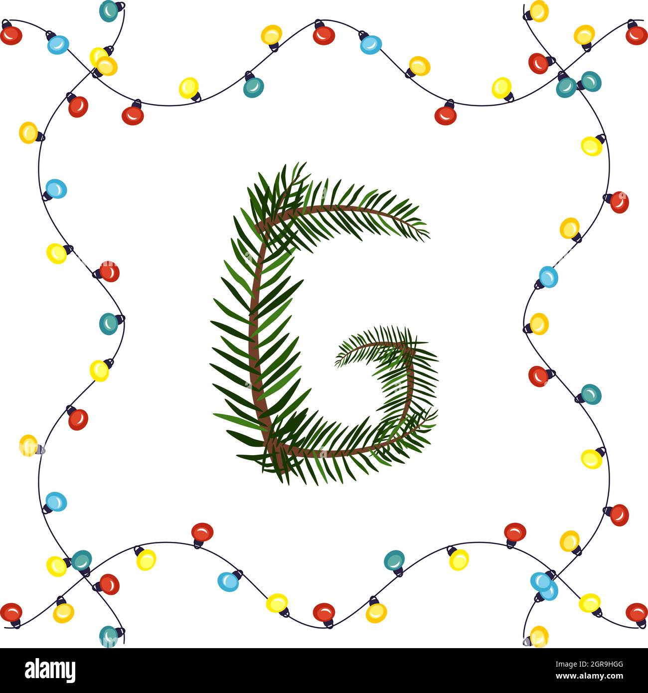 Letter G from green Christmas tree branches. Festive font and frame ...