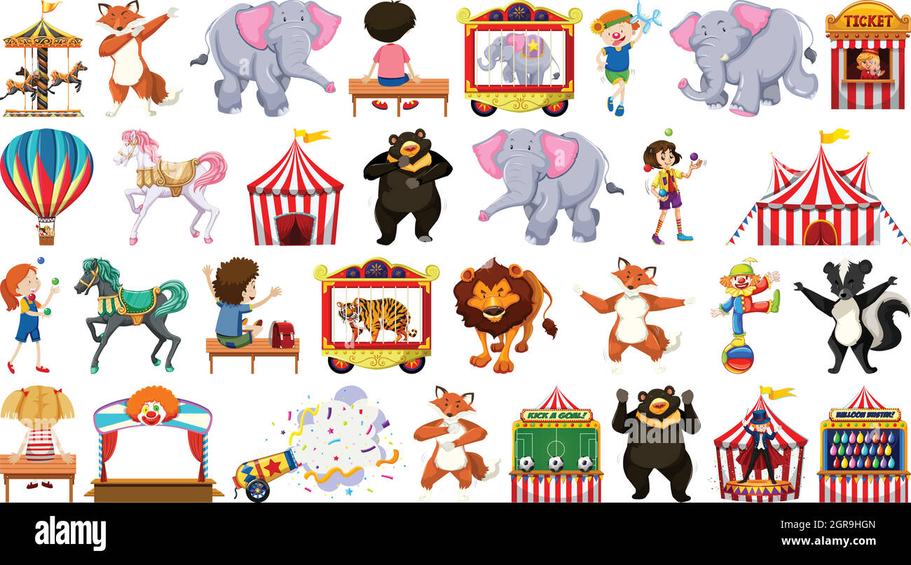 Huge circus collection with mixed animals, people, clowns and rides ...