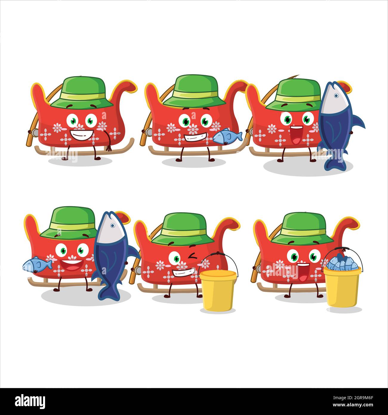 A fisherman reindeer sleigh cartoon picture catch a big fish. Vector ...