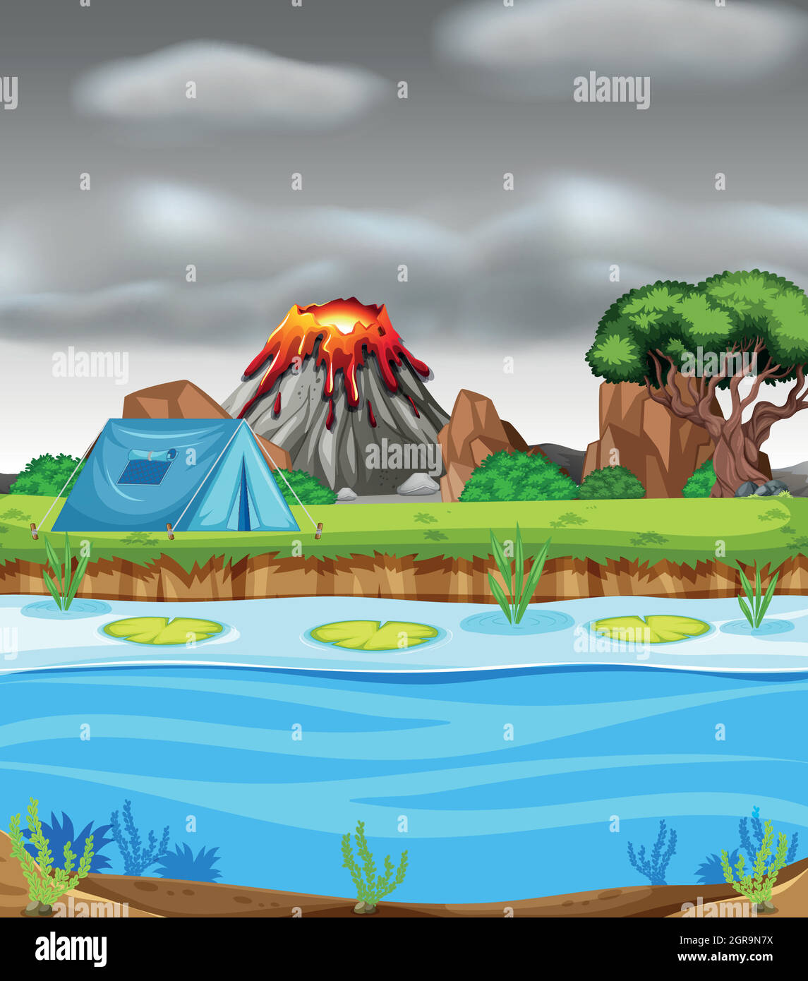 Erupting volcano and camping scene Stock Vector Image & Art - Alamy