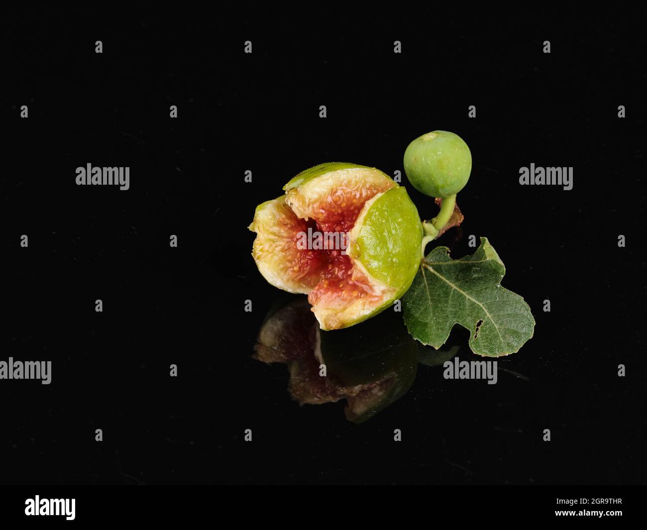 Ripe green fig fruit with leaf isolated on dark background Stock Photo ...