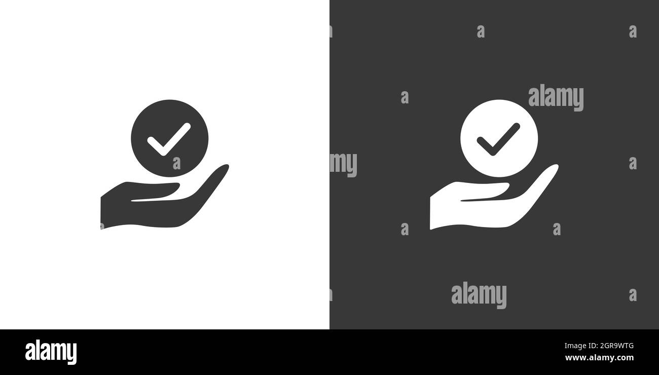 Hold hand check mark. Isolated icon on black and white background ...
