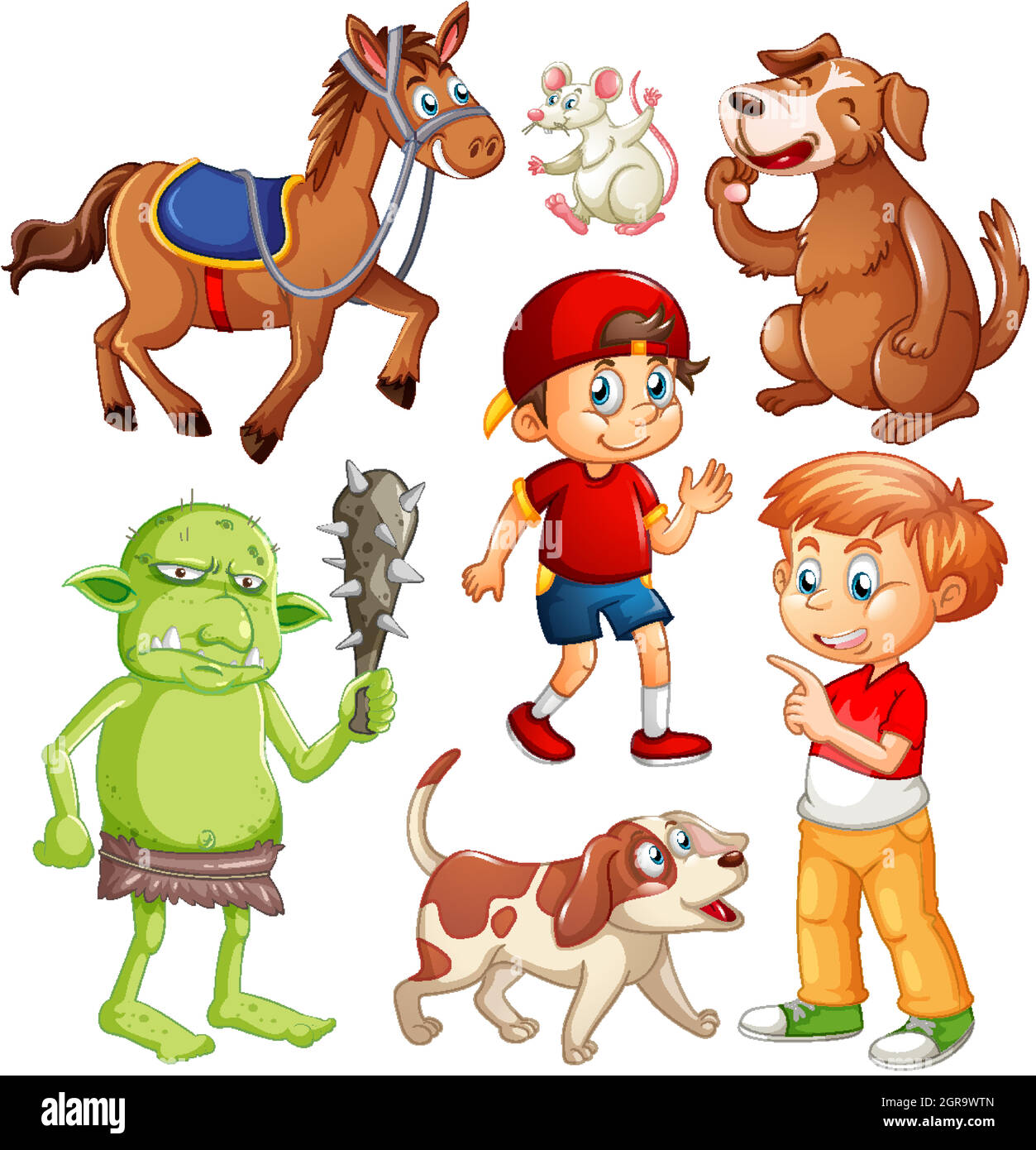Set of fantasy cartoon character and animal isolated on white ...