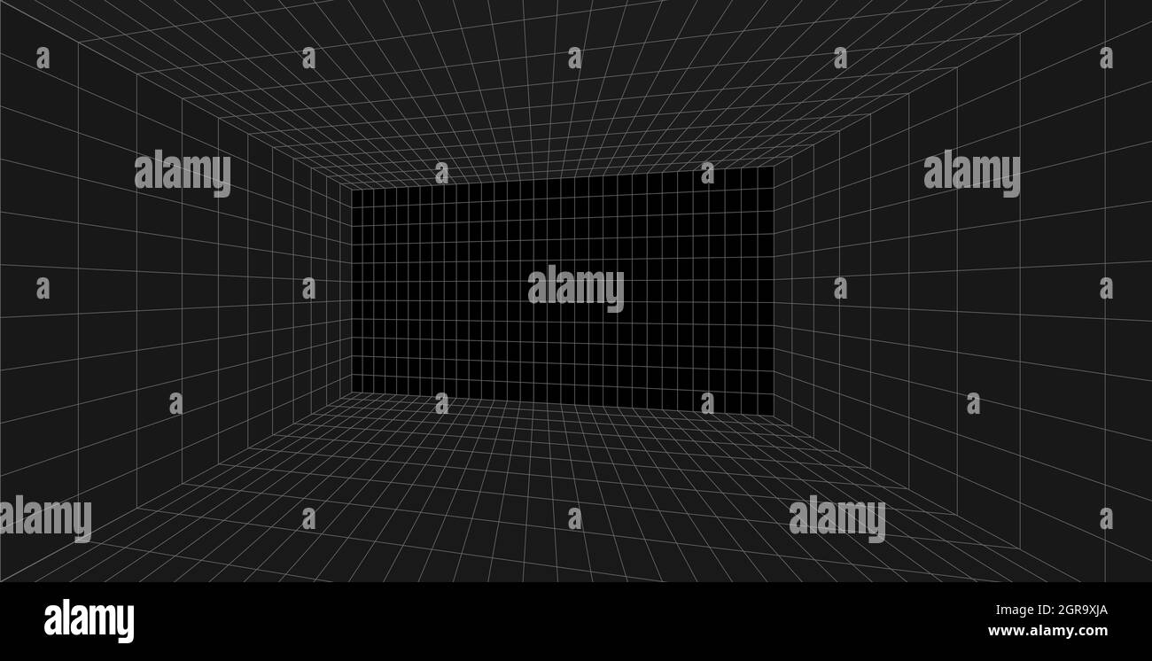 Grid perspective black room. Gray wireframe background. Digital cyber ...
