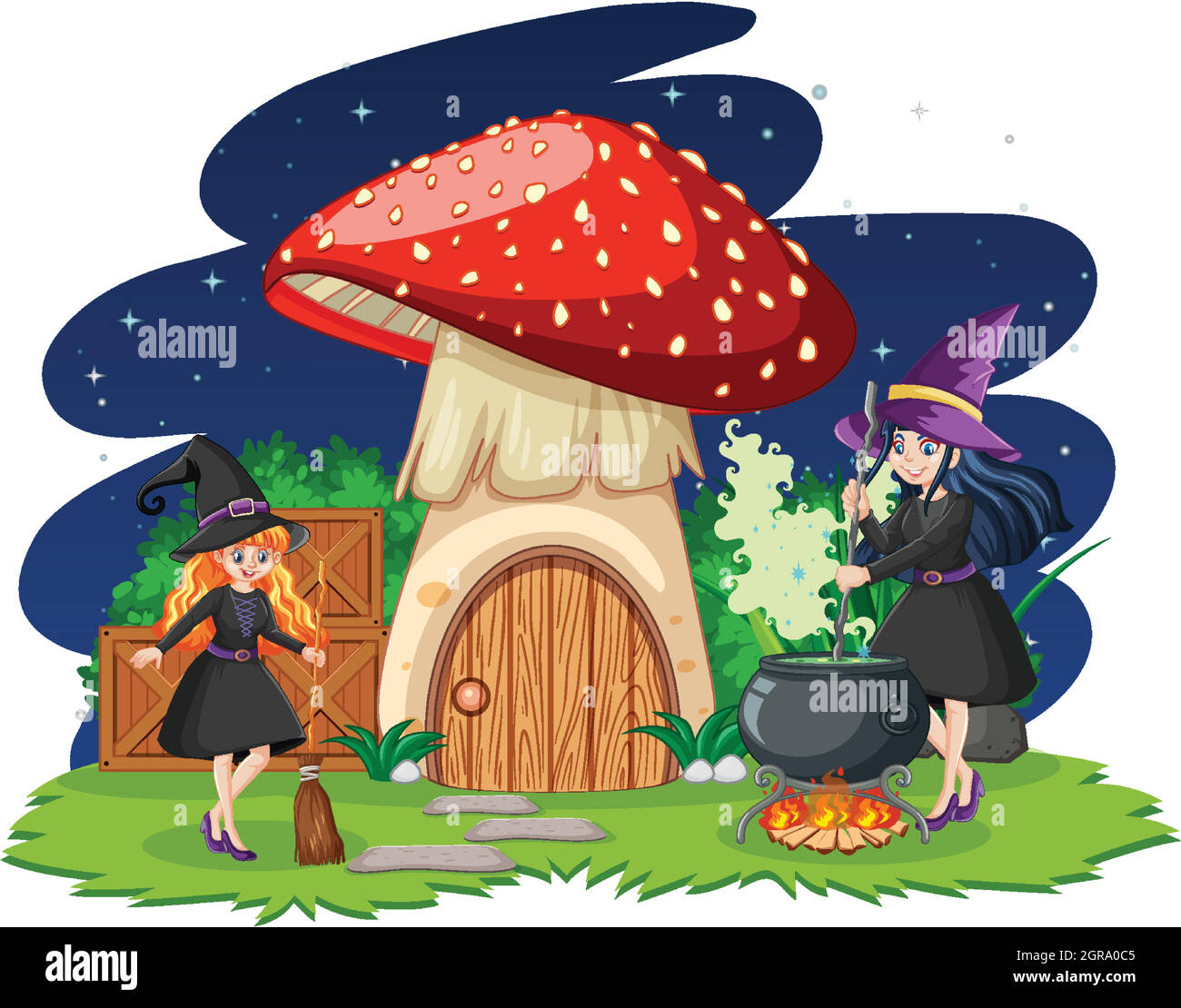 Young beautiful witches with mushroom house cartoon style isolated on ...
