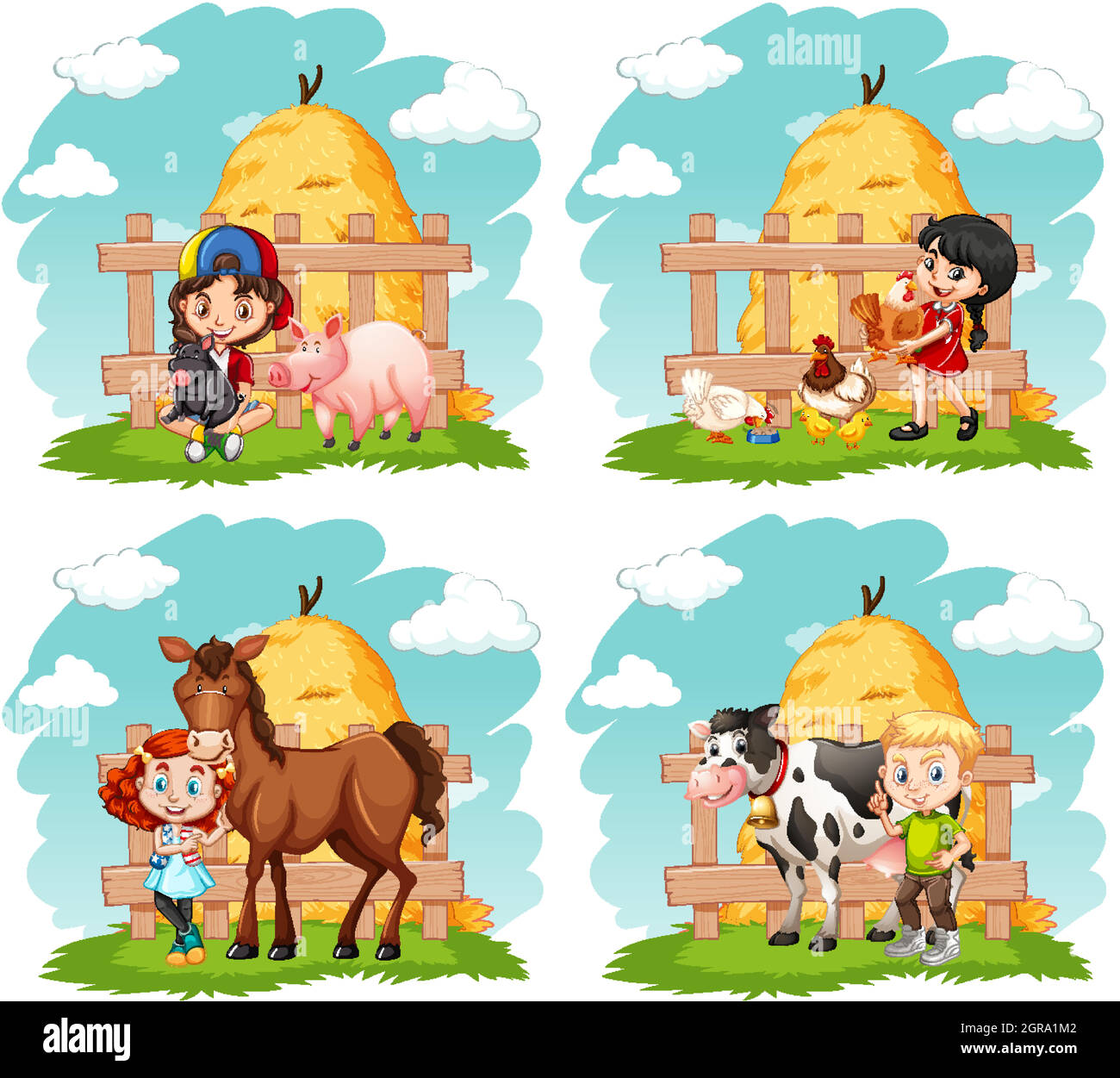 Happy children and farm animals on the farm Stock Vector Image & Art ...